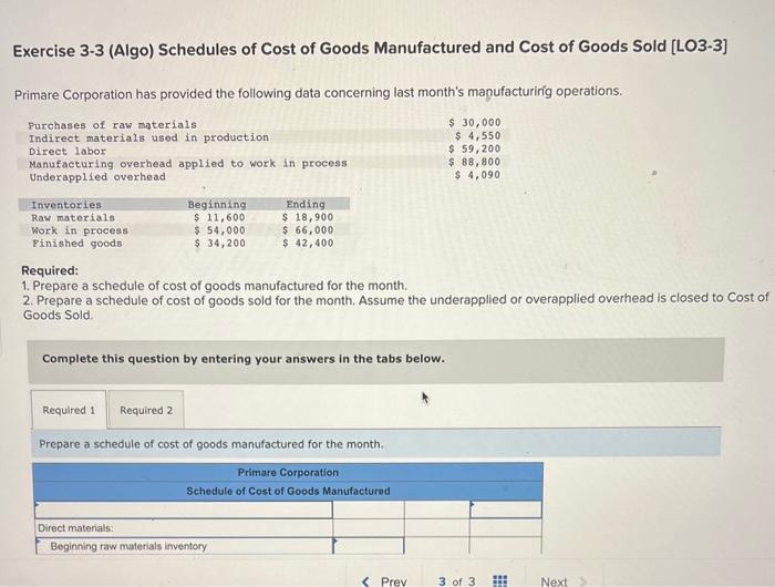 Solved Exercise 3-3 (Algo) Schedules of Cost of Goods | Chegg.com