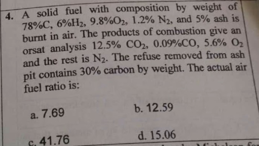 Solved 4. A solid fuel with composition by weight of | Chegg.com