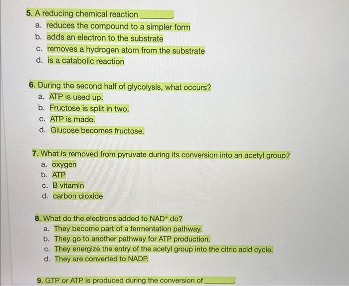 Solved 5. A reducing chemical reaction a. reduces the | Chegg.com