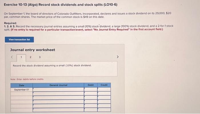 Solved Exercise 10-13 (Algo) Record stock dividends and | Chegg.com