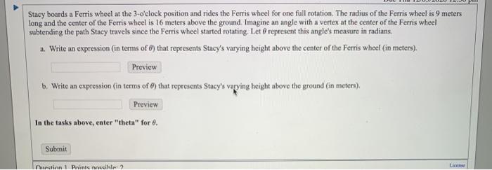 Solved Stacy boards a Ferris wheel at the 3-o'clock position | Chegg.com