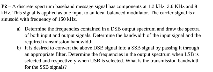 Solved P2 - ﻿A discrete-spectrum baseband message signal has | Chegg.com