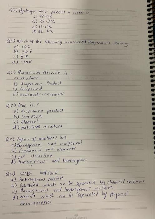 Solved Q5) Hydrogen moss percent in water is 4) 88197 S) | Chegg.com
