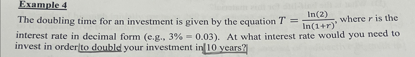 Solved Example 4The doubling time for an investment is given | Chegg.com