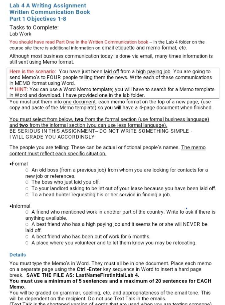 Lab 4 A Writing Assignment Written Communication Book | Chegg.com