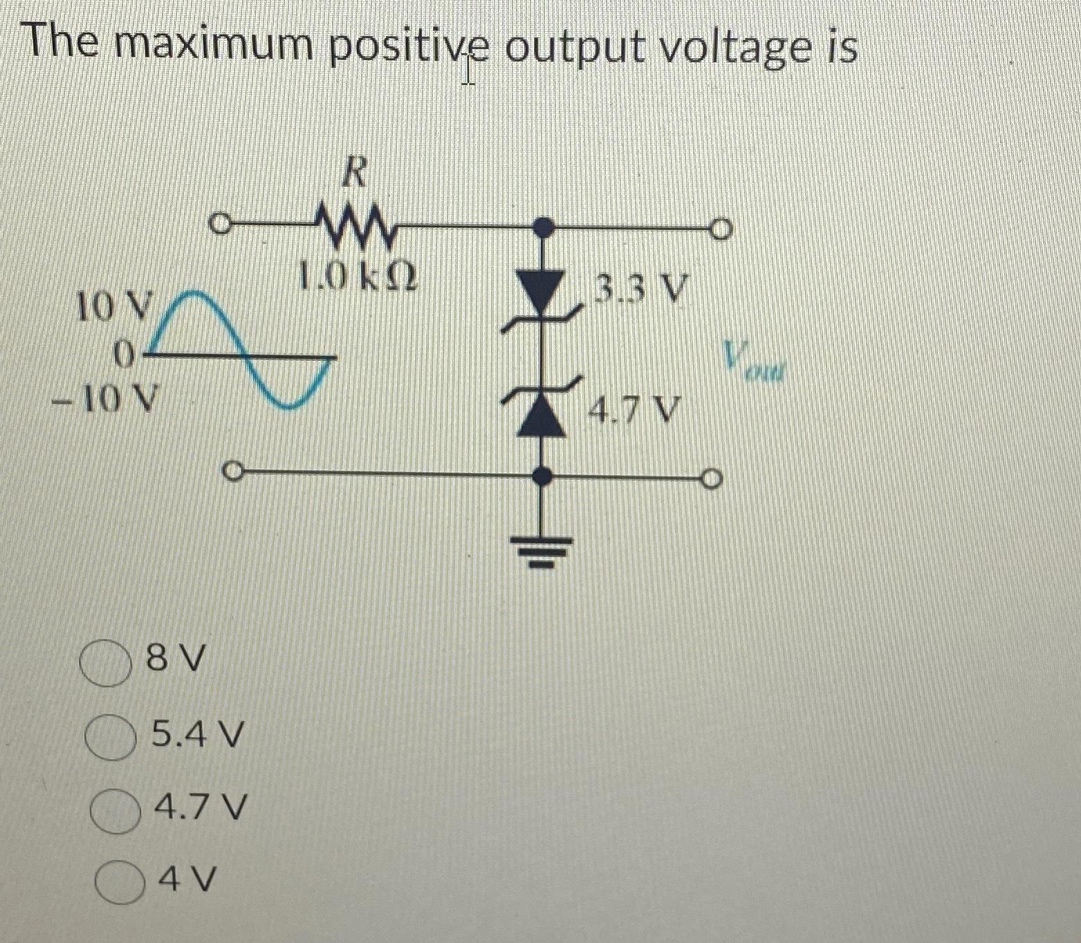 Solved The maximum positive output voltage is8V5.4V4.7V4V | Chegg.com