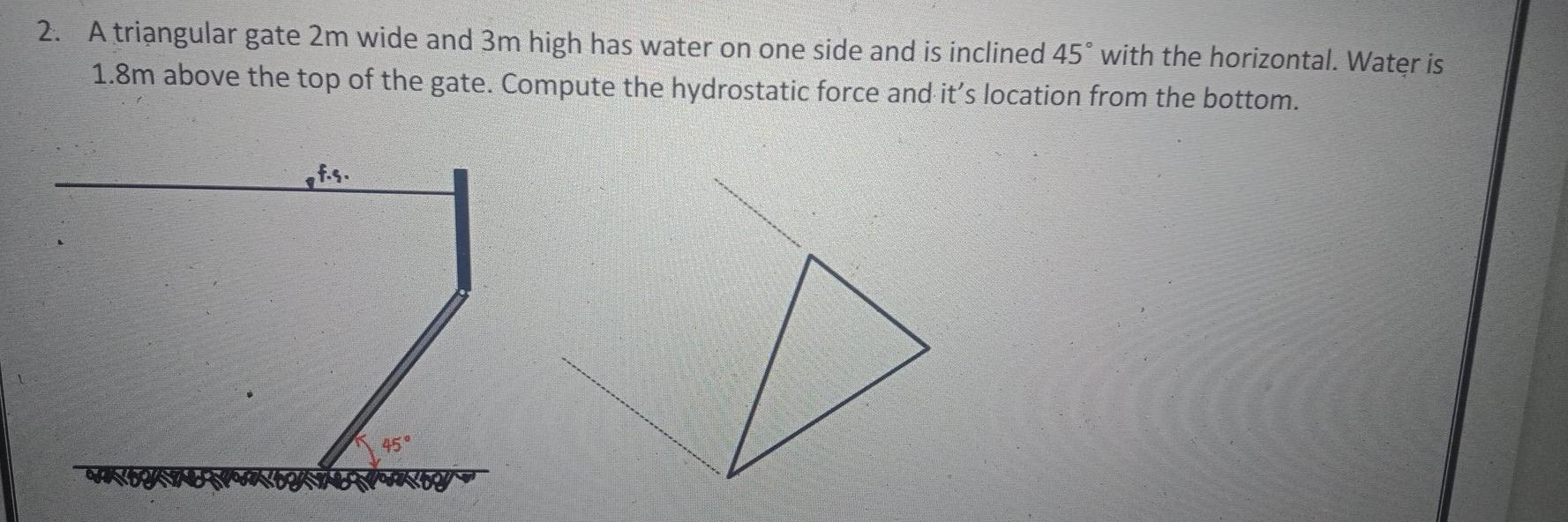 Solved 2. A triangular gate 2m wide and 3m high has water on | Chegg.com