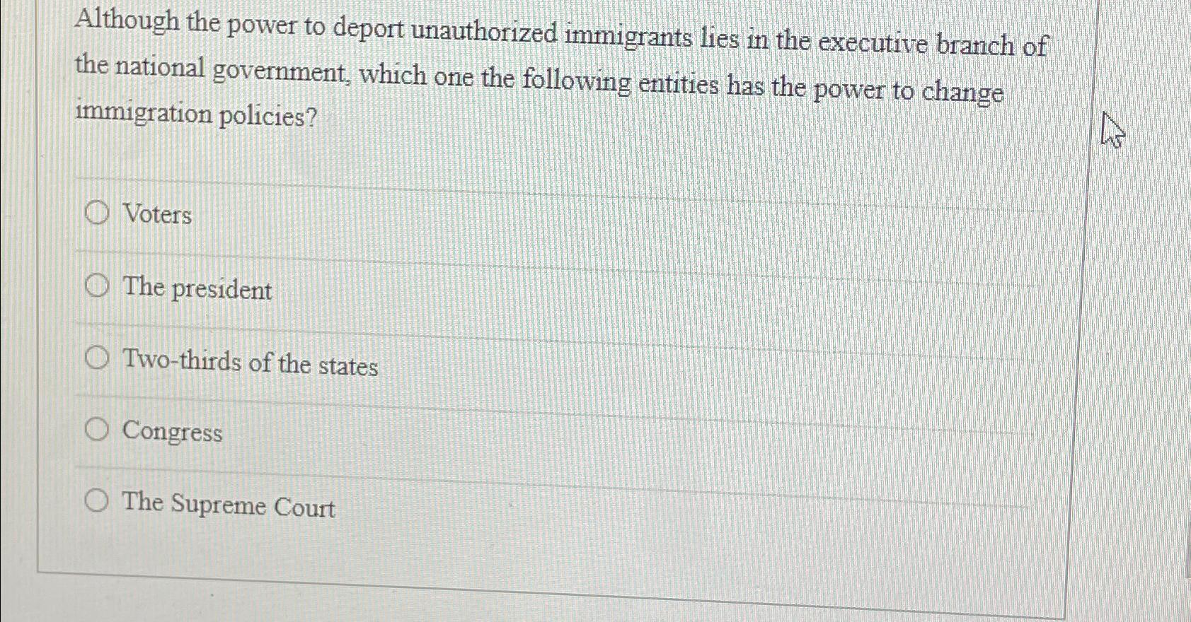 Solved Although the power to deport unauthorized immigrants | Chegg.com