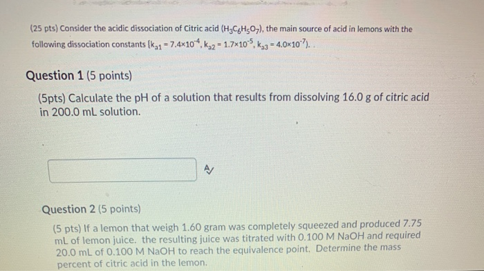Solved (25 pts) Consider the acidic dissociation of Citric | Chegg.com