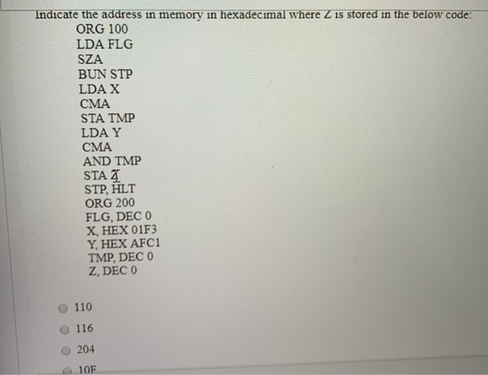 Solved Indicate the address in memory in hexadecimal where Z | Chegg.com