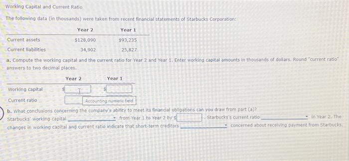 Solved Working Capital and Current Ratio The following data | Chegg.com