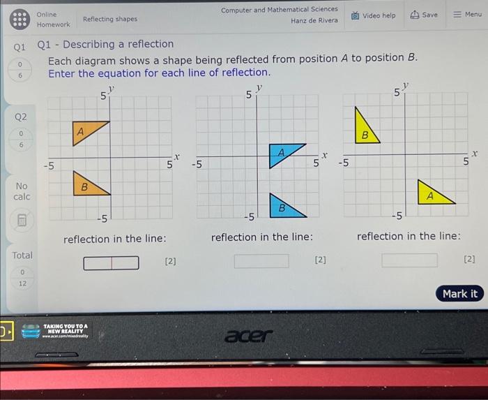 Solved Q1 - Describing a reflection Each diagram shows a | Chegg.com