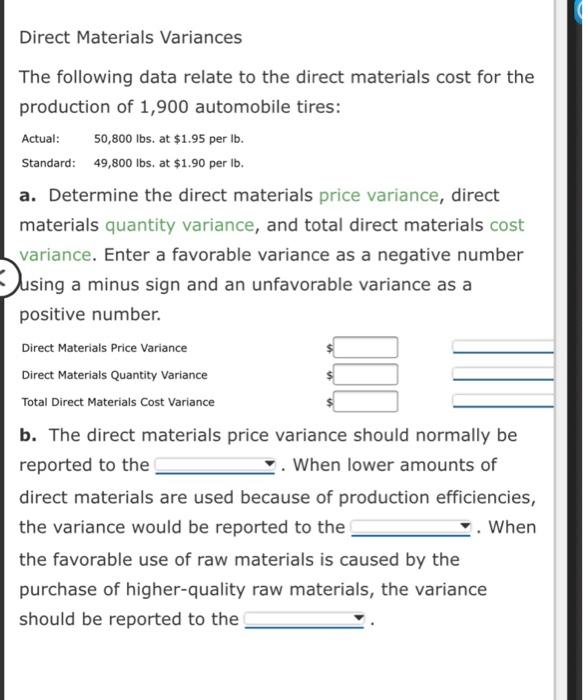 Solved Direct Materials Variances The following data relate | Chegg.com