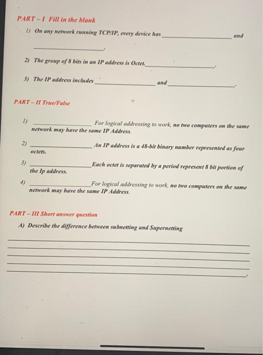 Solved PART-/ Fill in the blank 1) On any network running | Chegg.com