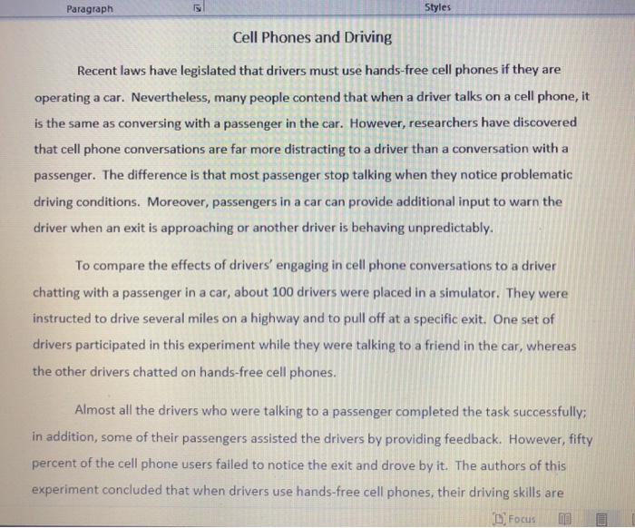Solved Paragraph Styles Cell Phones and Driving Recent laws | Chegg.com