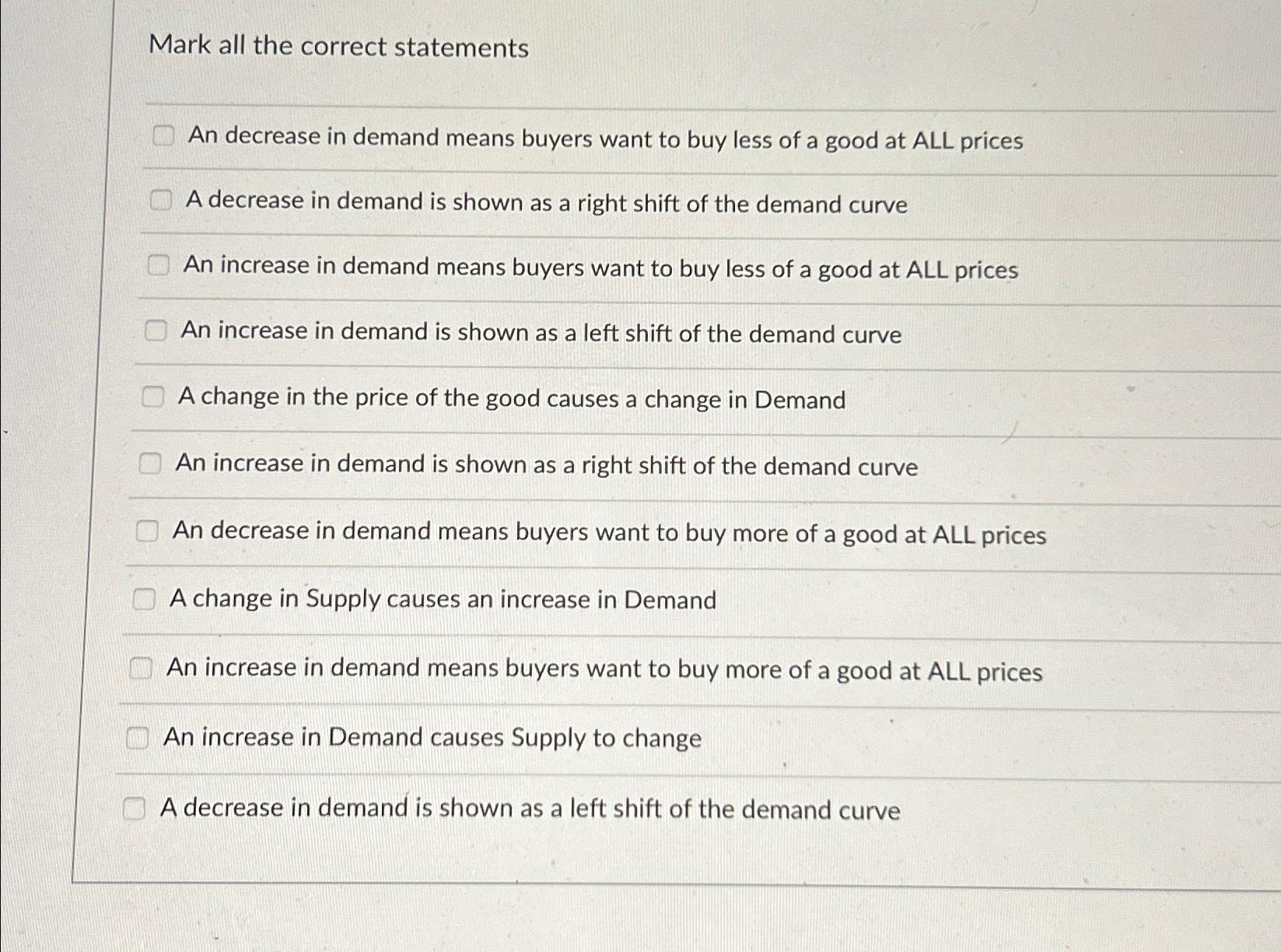 Solved Mark all the correct statementsAn decrease in demand | Chegg.com