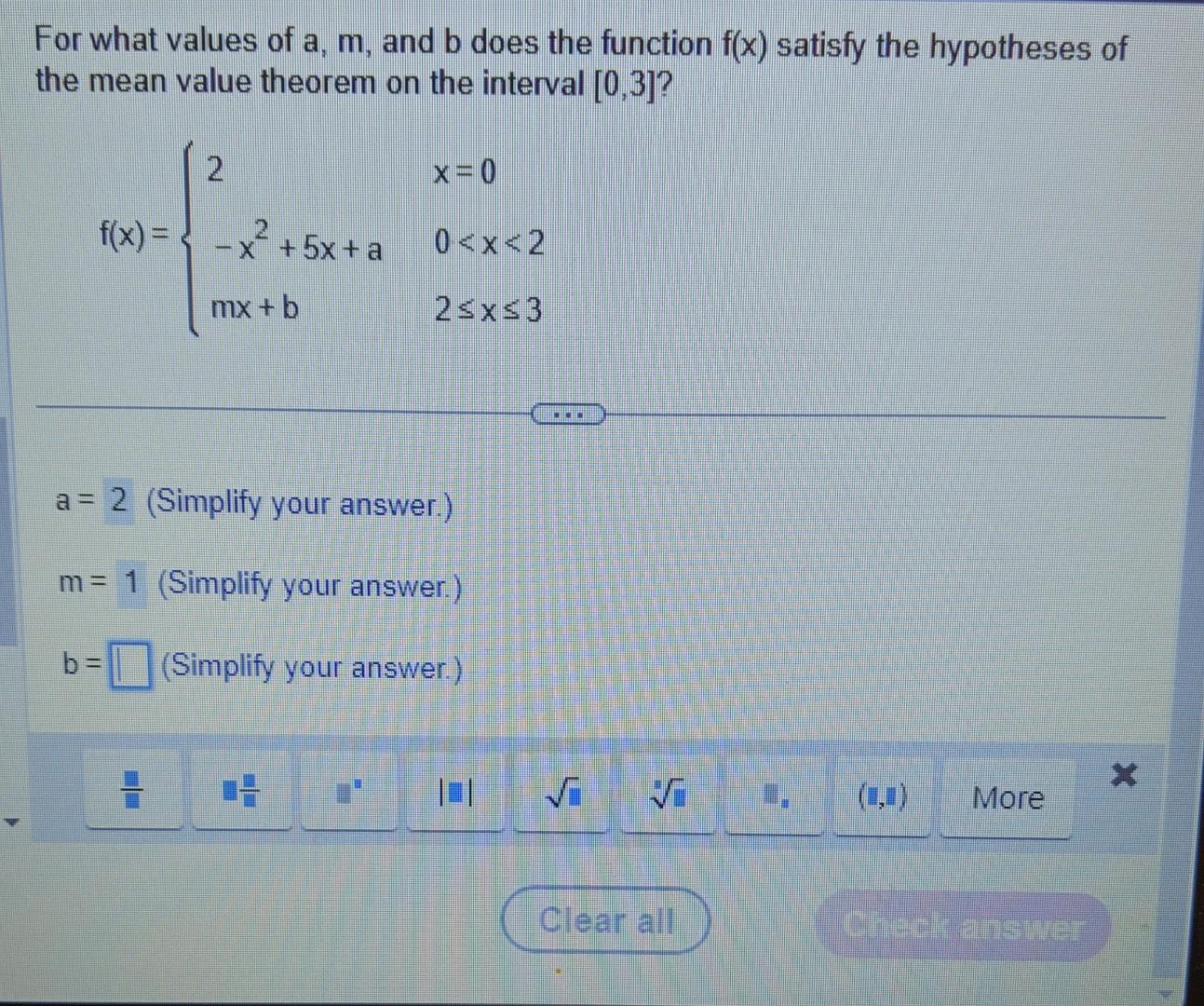 Solved For what values of a,m, and b does the function f(x) | Chegg.com