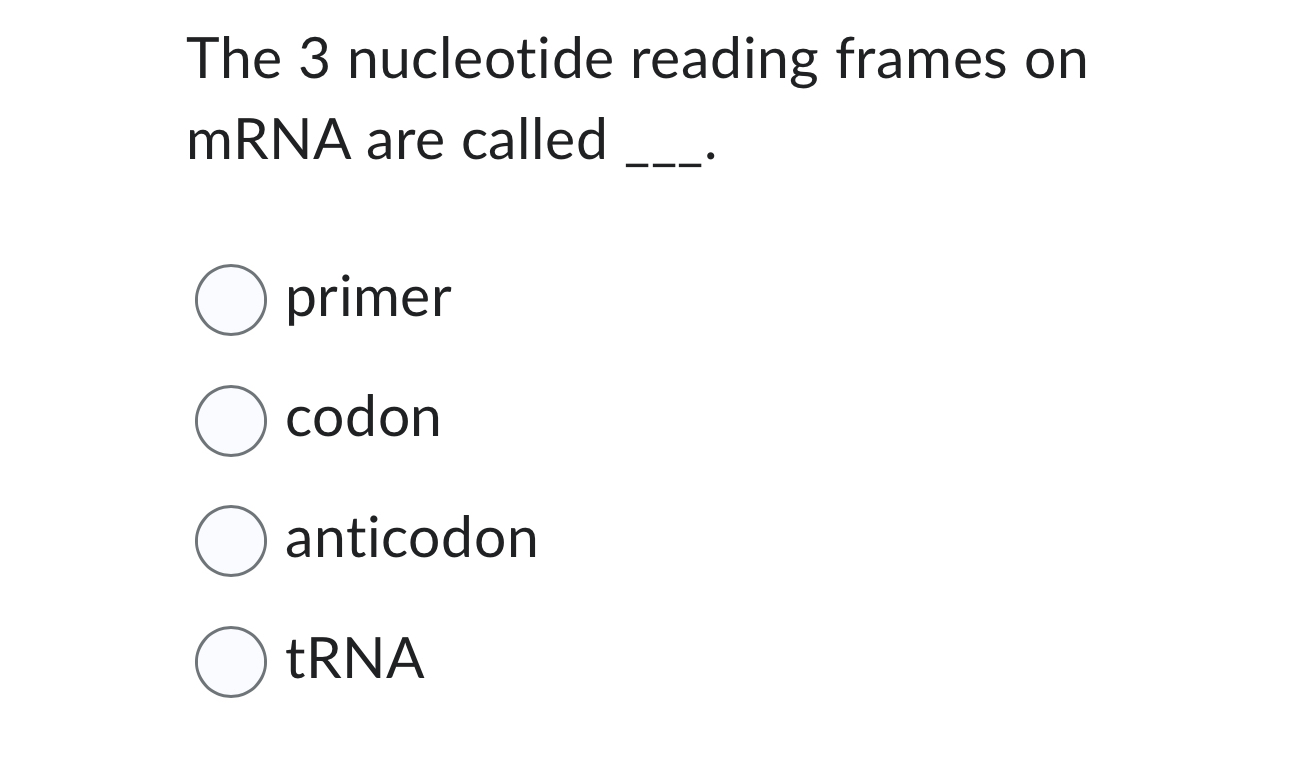 Solved The 3 ﻿nucleotide reading frames on mRNA are called | Chegg.com