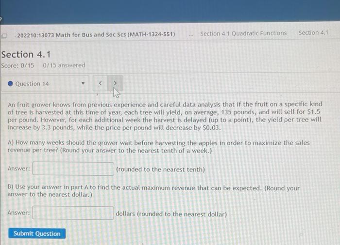 Solved 202210:13073 Math for Bus and Soc SCS (MATH:1324-551) | Chegg.com