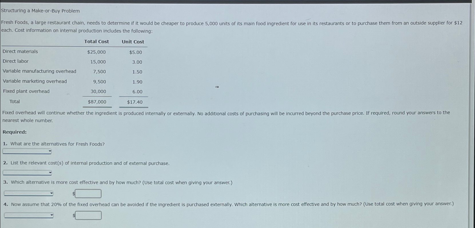 Solved Structuring a Make-or-Buy Problem each. Cost | Chegg.com