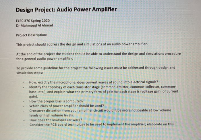 Solved Design Project: Audio Power Amplifier ELEC 370 Spring | Chegg.com