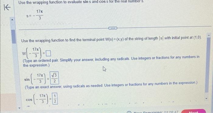 Solved s=−317π Use the wrapping function to find the | Chegg.com