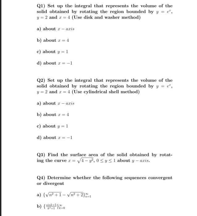 Solved Q1) Set up the integral that represents the volume of | Chegg.com