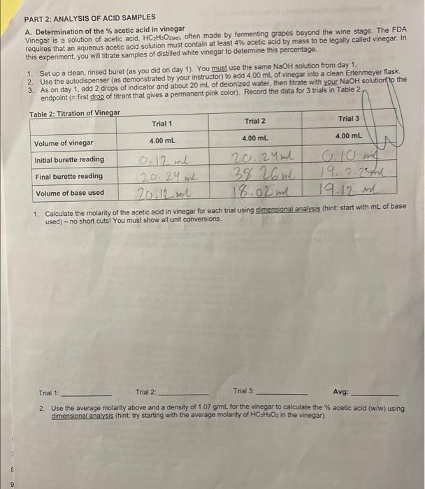 Solved PART 2: ANALYSIS OF ACID SAMPLES A. Determination of | Chegg.com