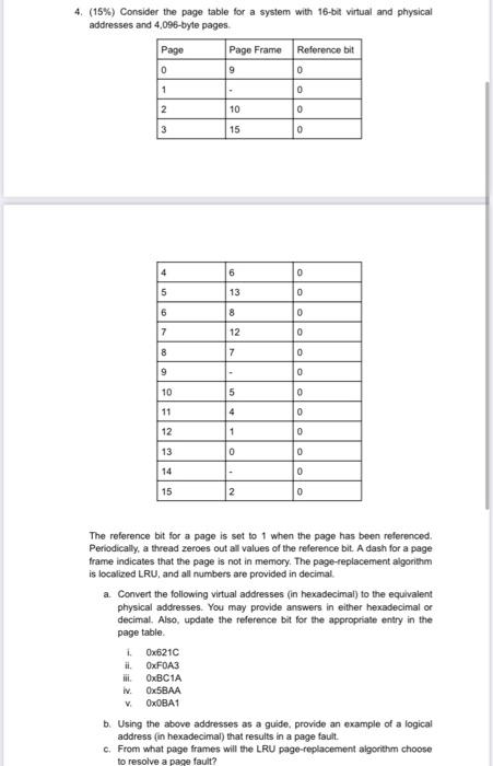 Solved 4. (15\%) Consider the page table for a system with | Chegg.com