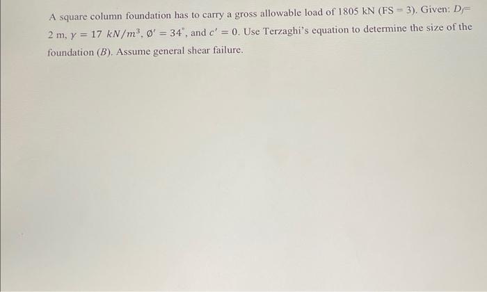 Solved A square column foundation has to carry a gross | Chegg.com