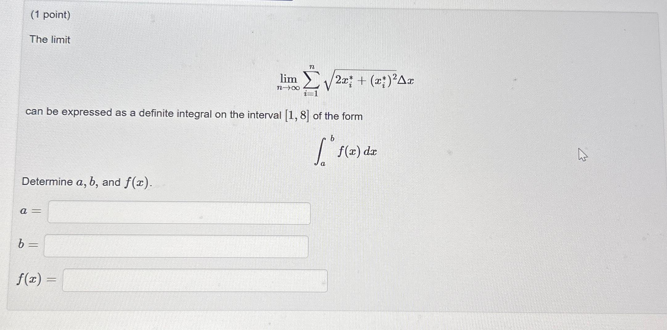 Solved (1 point)\\nThe limit\\n\\\\lim_(n->\\\\infty | Chegg.com
