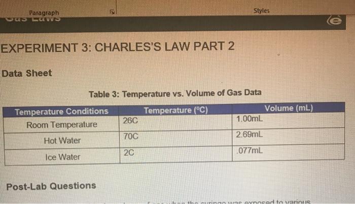Solved Styles Paragraph UW EXPERIMENT 3: CHARLES'S LAW PART | Chegg.com