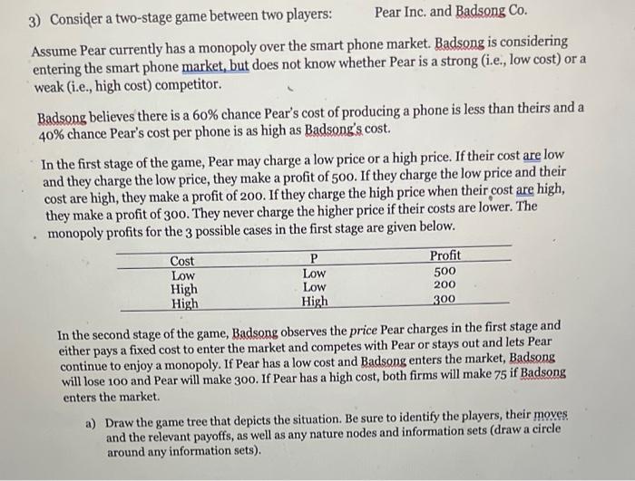3) Consider a two-stage game between two players: | Chegg.com
