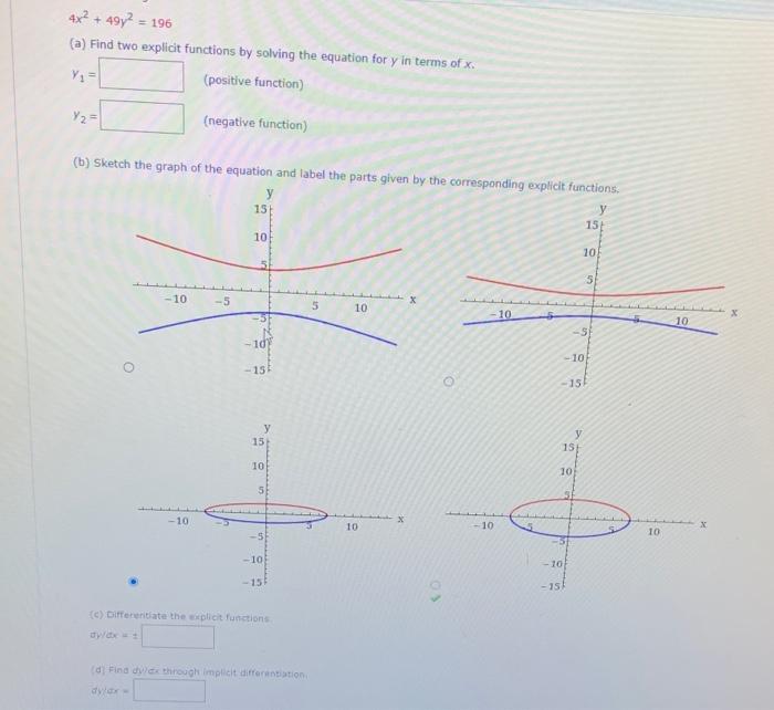 Solved 4x? + 49y2 = 196 (a) Find two explicit functions by | Chegg.com