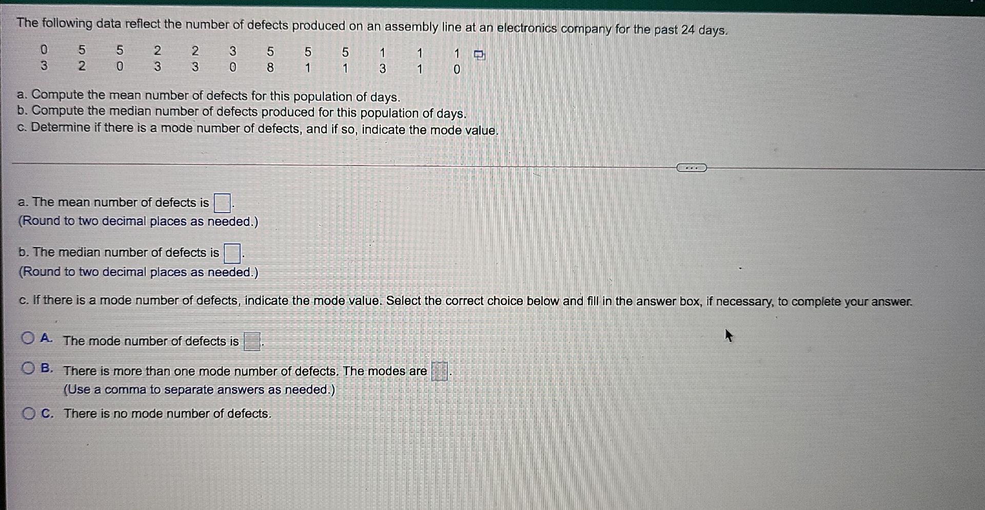 Solved The following data reflect the number of defects | Chegg.com