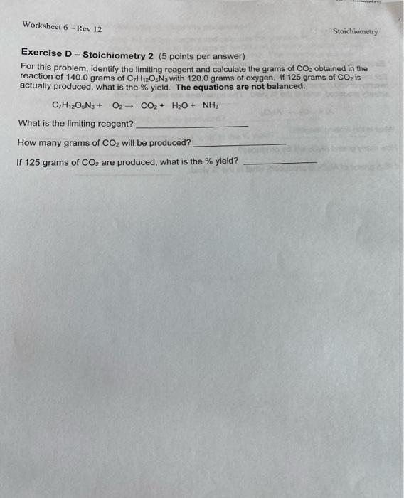 Solved Stoichiometry Worksheet 6 -Rev 12 Exercise C- | Chegg.com