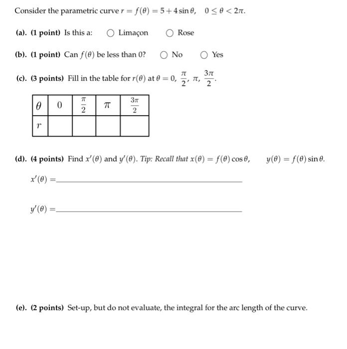 Solved Consider the parametric curve r=f(θ)=5+4sinθ,0≤θ