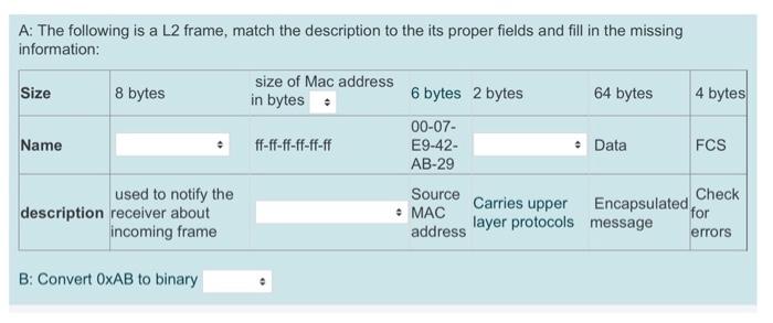 Solved A: The following is a L2 frame, match the description | Chegg.com