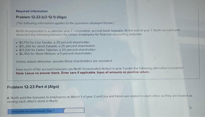 Solved Required information Problem 12-23 (LO 12-1) (Algo) | Chegg.com