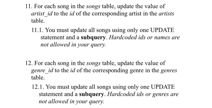 Solved 11. For each song in the songs table, update the | Chegg.com