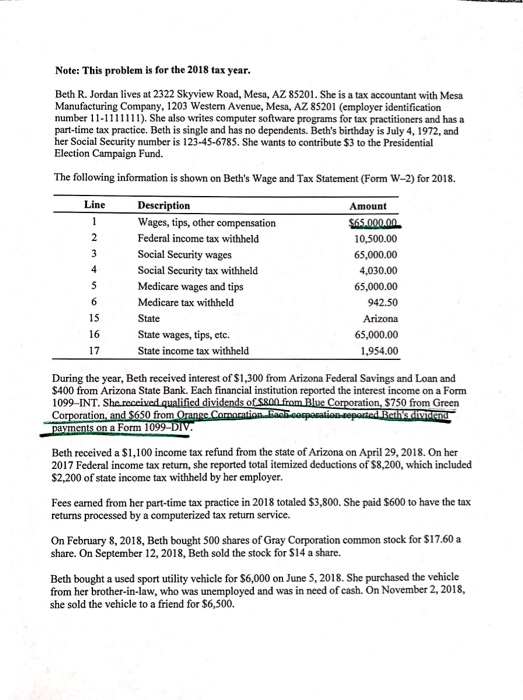 Note: This problem is for the 2018 tax year. Beth R. | Chegg.com