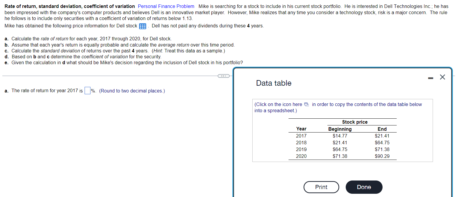 Solved Rate of return, standard deviation, coefficient of | Chegg.com