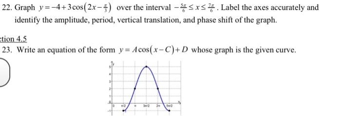 Solved 22. Graph y=-4+3 cos(2x-) over the interval 45x54 | Chegg.com