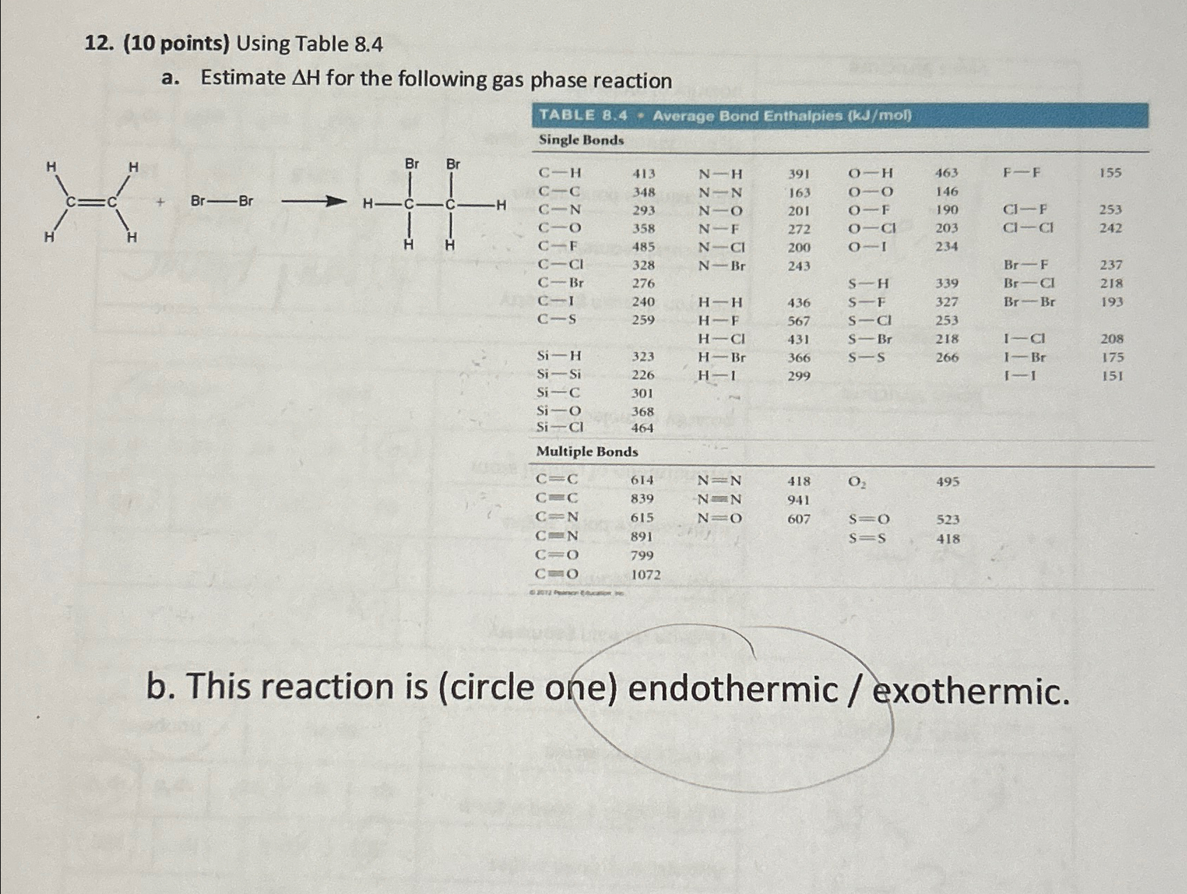 Solved (10 ﻿points) ﻿Using Table 8.4a. ﻿Estimate ΔH ﻿for the | Chegg.com