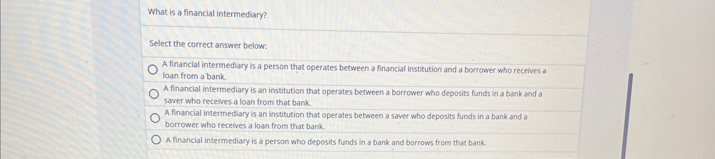 Solved What is a financial intermediary?Select the correct | Chegg.com