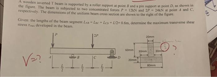 Solved A wooden inverted T beam is supported by a roller | Chegg.com