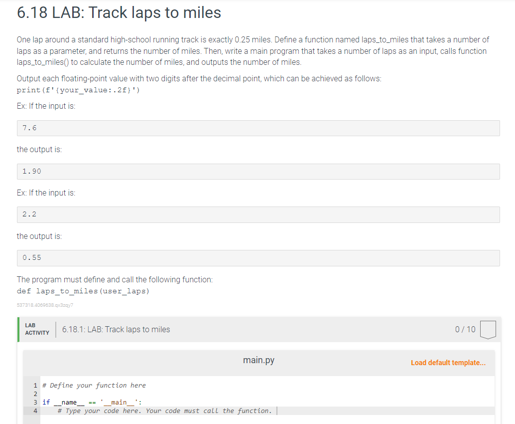 Solved 6.18 ﻿LAB: Track laps to miles (PYTHON)One lap around | Chegg.com
