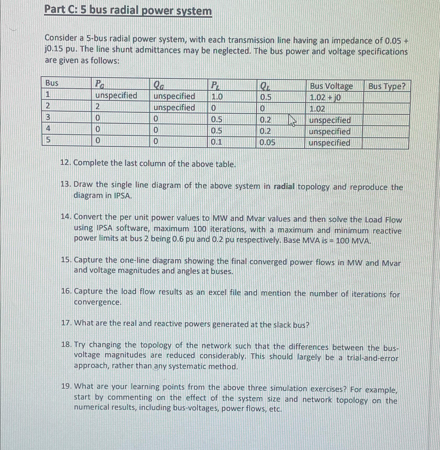 Solved Part C: 5 bus radial power system Consider a 5-bus | Chegg.com