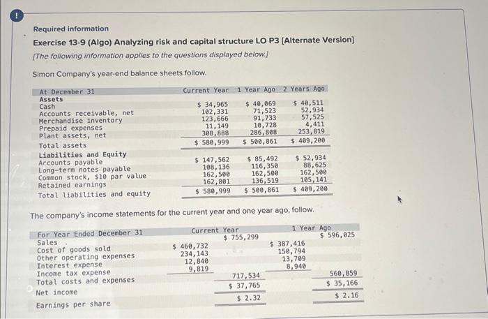 Solved Required information Exercise 13-9 (Algo) Analyzing | Chegg.com