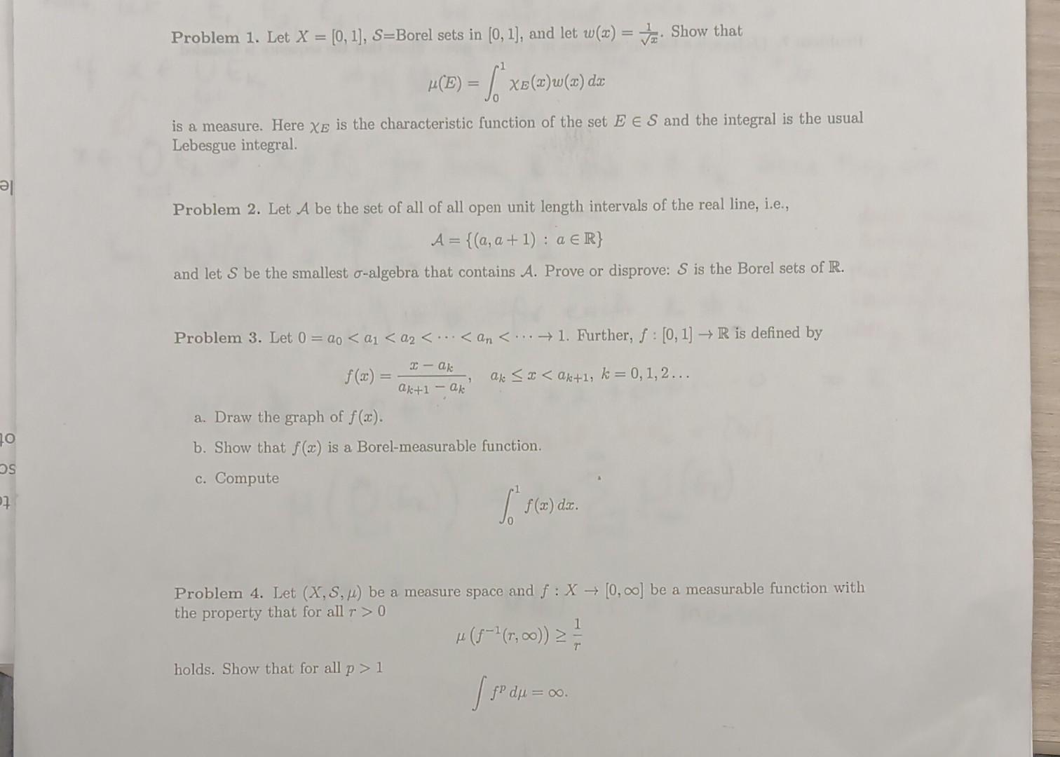 Solved Problem 1. Let X=[0,1],S= Borel sets in [0,1], and | Chegg.com